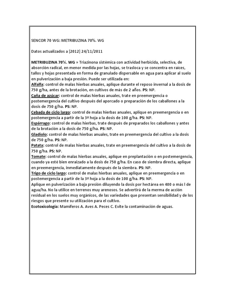 Sencor 70 WG: Herbicida para Patatas | PDF | Patata | Agua