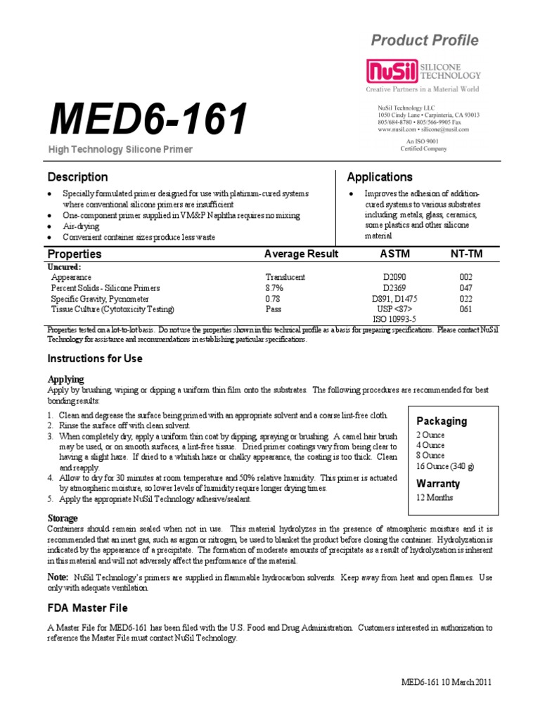 NuSil Technology MED6-161 Silicone Primer | PDF | Silicone | Safety