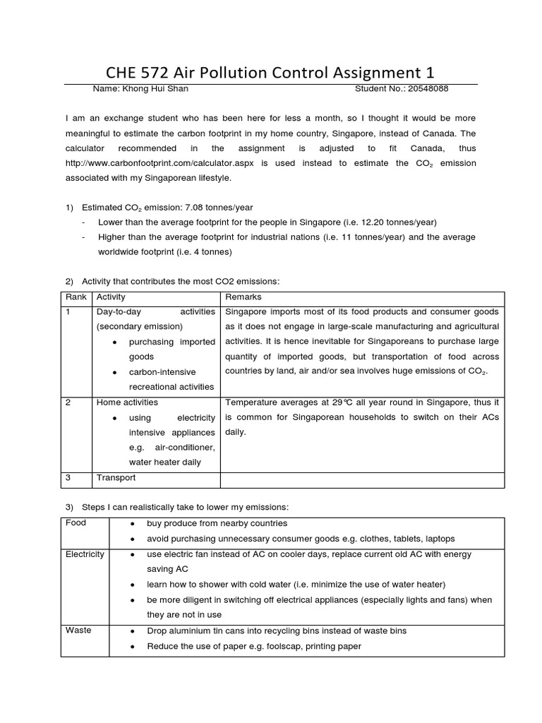 CHE572 Air Pollution Control Assignment 1 | PDF | Carbon Footprint ...