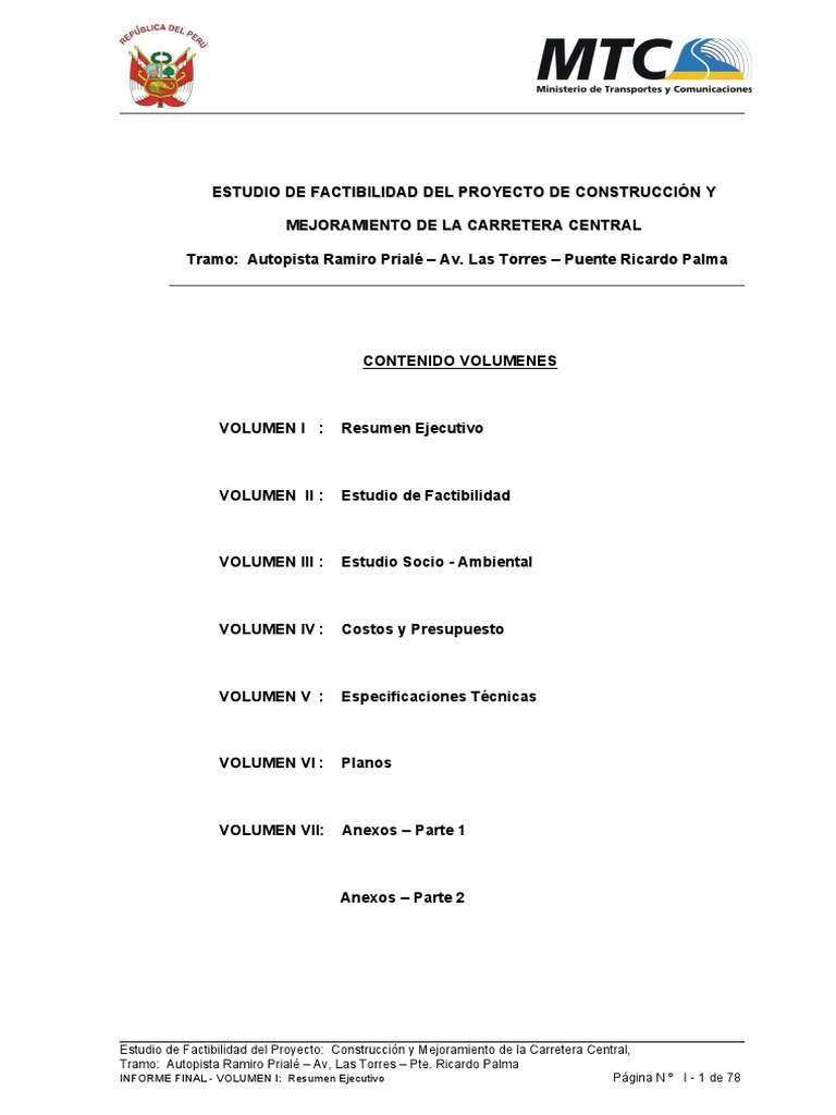 Volumen I Resumen Ejecutivo Estudio de Factibilidad | PDF | Carretera de acceso controlado ...