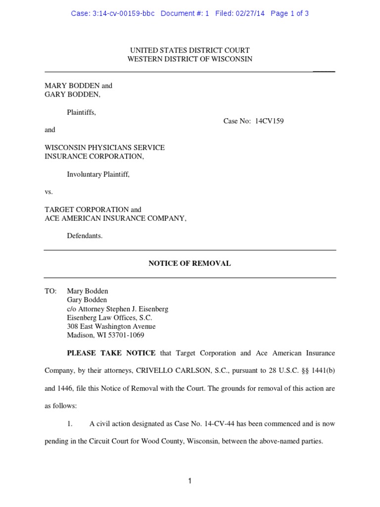 BODDEN, MARY ET AL v. TARGET CORPORATION Et Al Notice of Removal | PDF ...