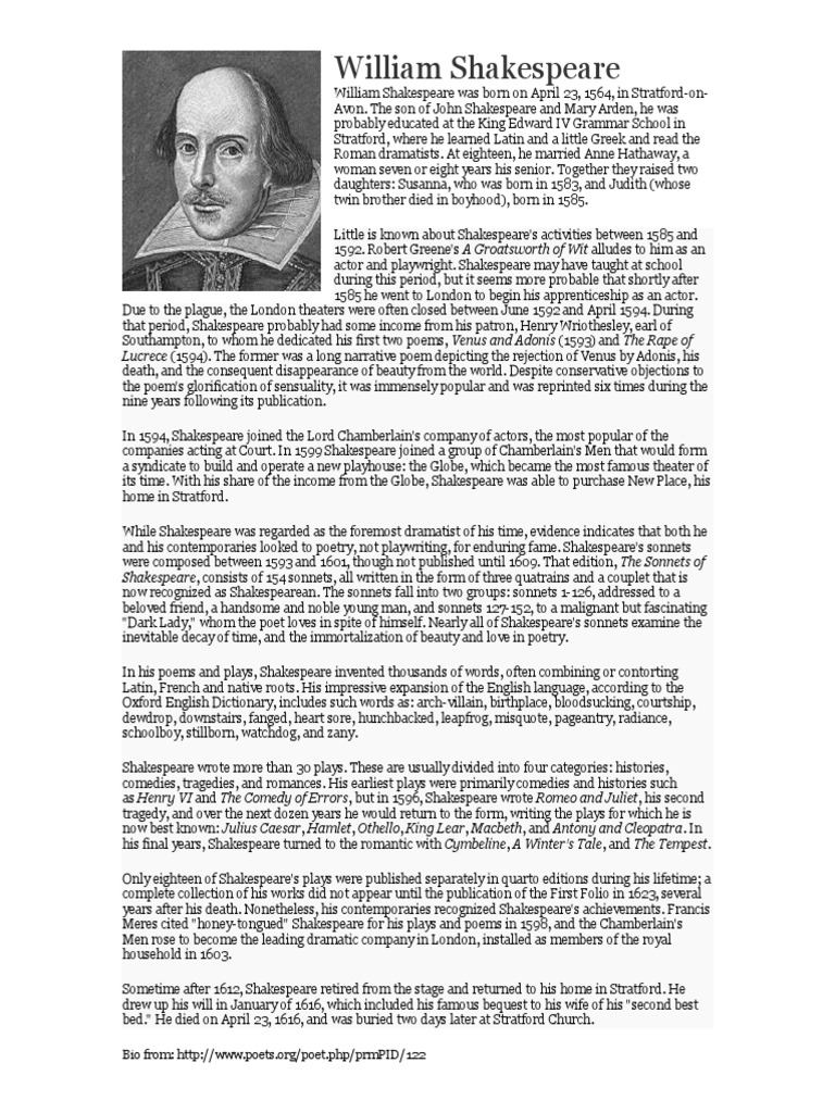 William Shakespeare Bio | PDF | William Shakespeare | Poetry