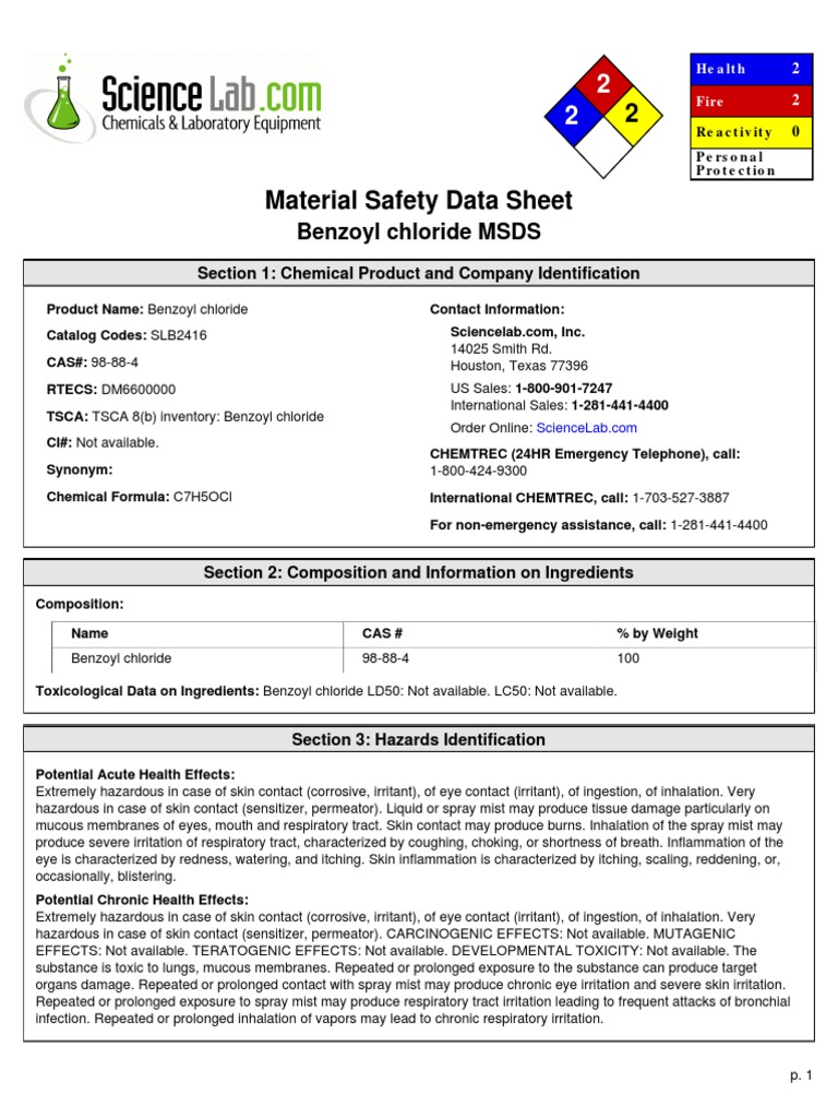 Benzoyl Chloride Safety Data Sheet | PDF | Toxicity | Flammability