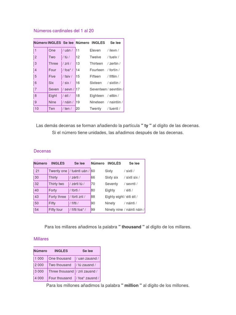 Números Cardinales Del 1 Al 20 | PDF