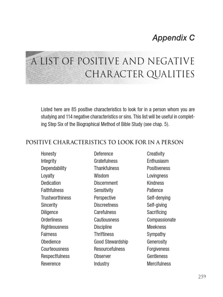Appendix C List of Character Traits | PDF | Personality Traits ...