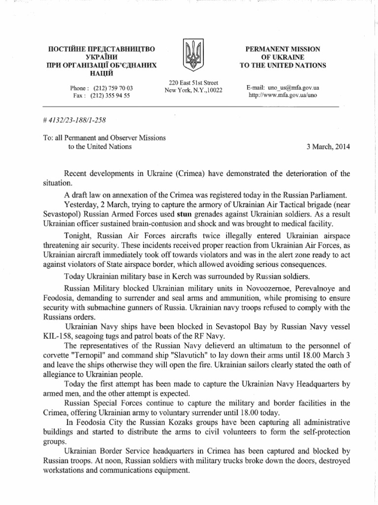 March 3 Letter From Ukraine Mission to U.N. | Ukraine | Russia