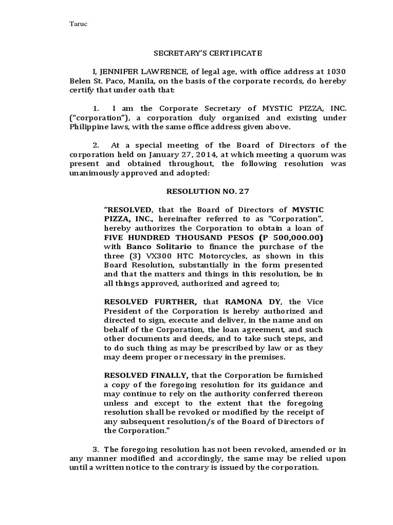 Secretary's Certificate | Corporations | Board Of Directors