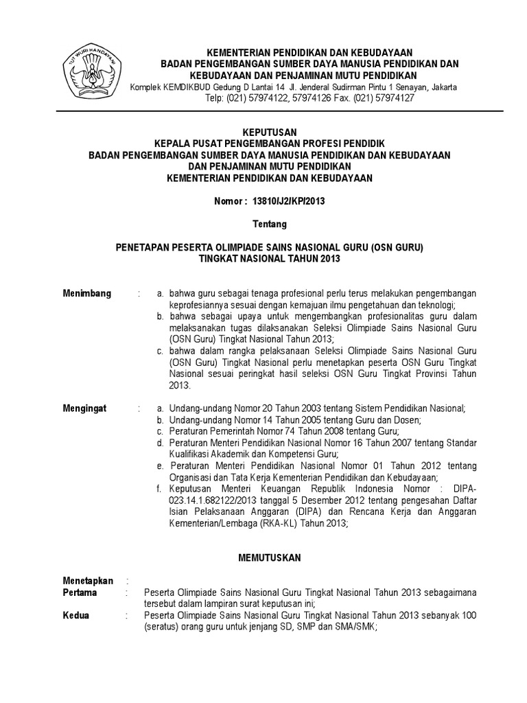 SK Penetapan Peserta Osn | PDF | Karier & Perkembangan