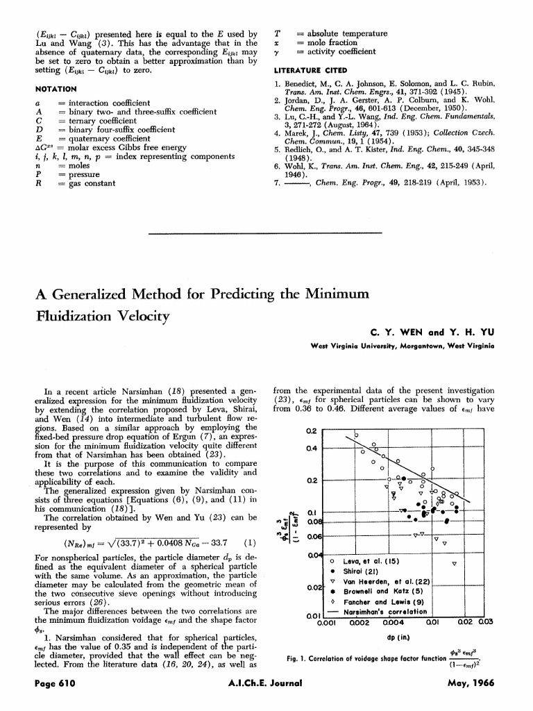 A Generalized Method For Predicting The Minimum Fluidization Velocity - C. Y. WEN and Y. H. YU ...