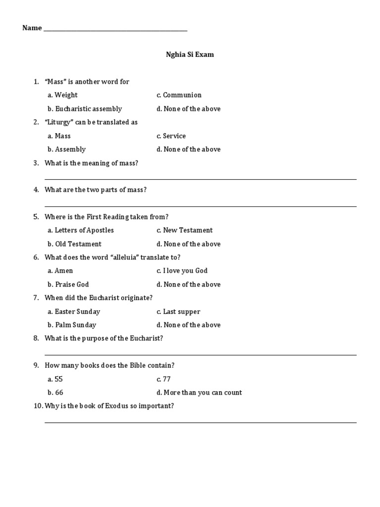Nghia Si Exam: Catholic Mass & Eucharist | PDF | Self-Improvement