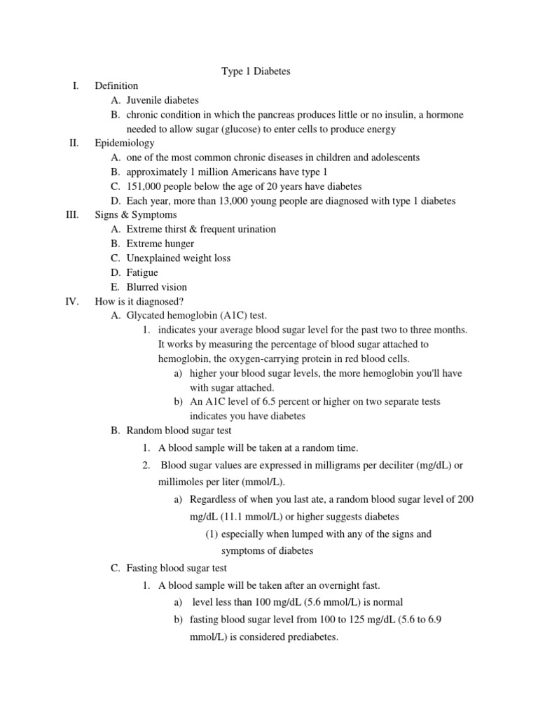 Type 1 Diabetes Outline | Blood Sugar | Diabetes Mellitus Type 1