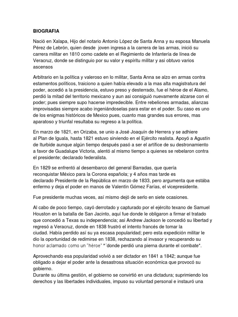 Biografía de Antonio López de Santa Anna | PDF | México | Gobierno