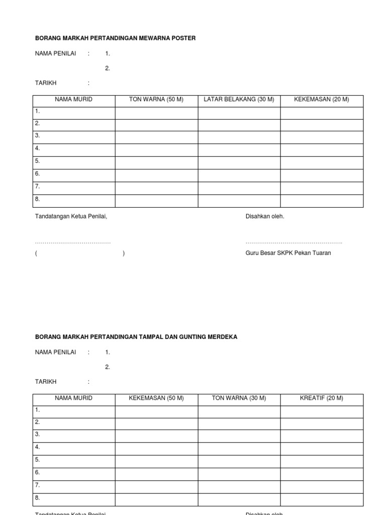 Borang Markah Pertandingan Mewarna Poster | PDF