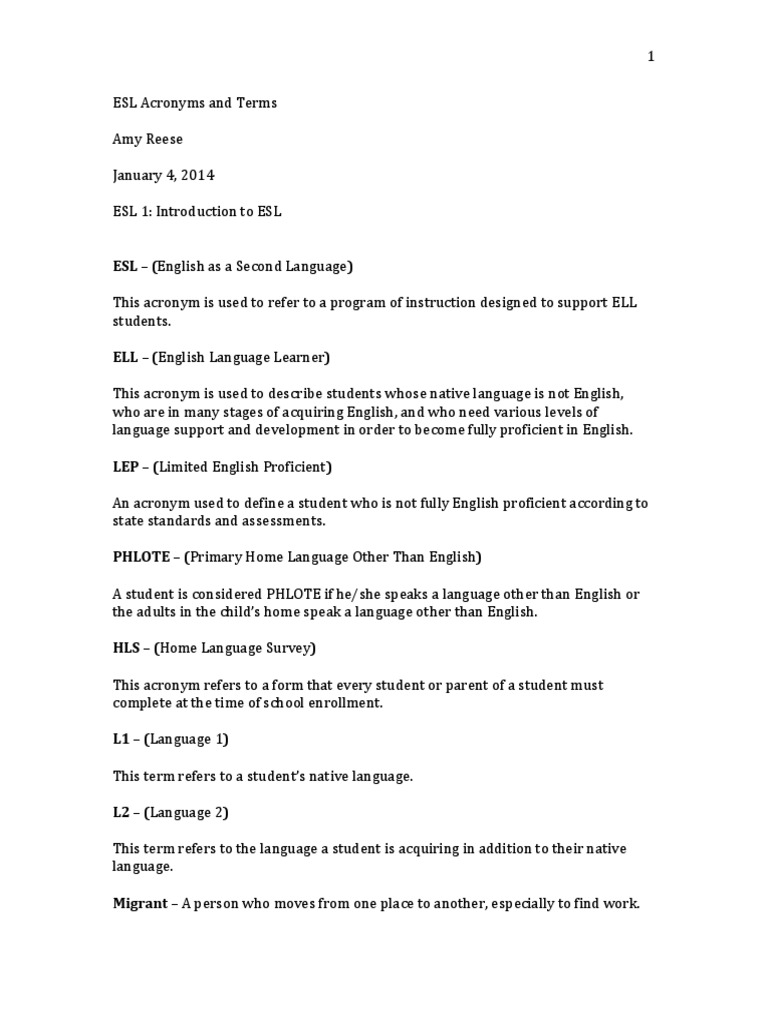 Amy Reese-Esl Acronyms and Terms | PDF | English As A Second Or Foreign ...