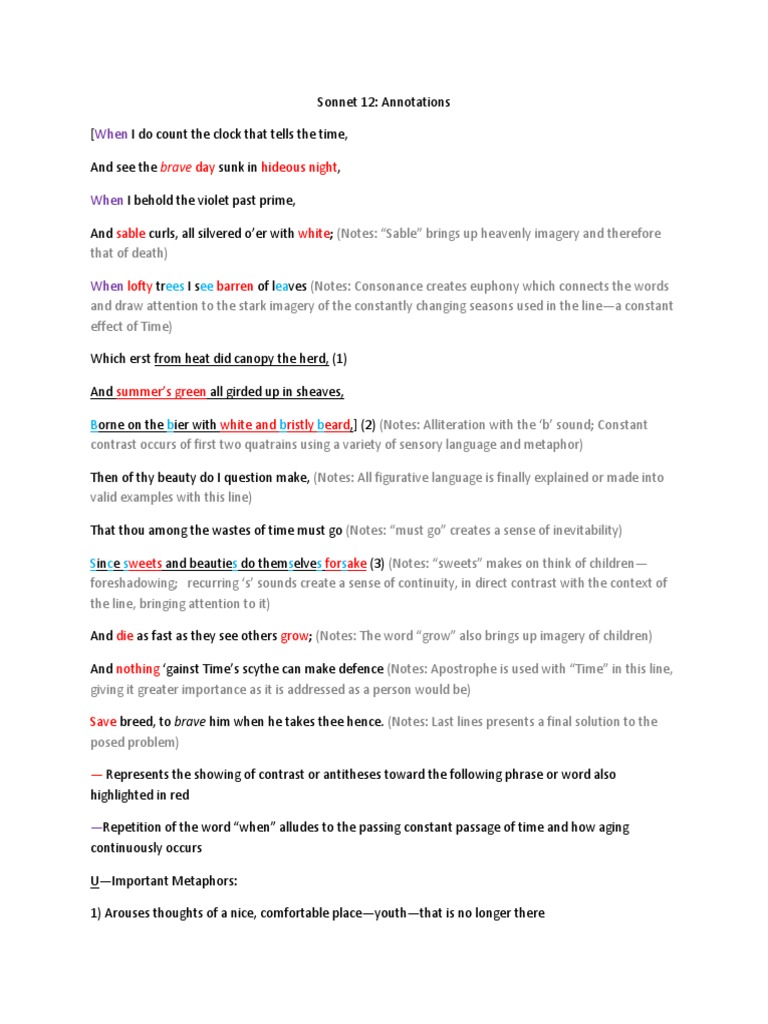 Sonnet 12: Annotations and Analysis | PDF | Sonnets | Literary Criticism