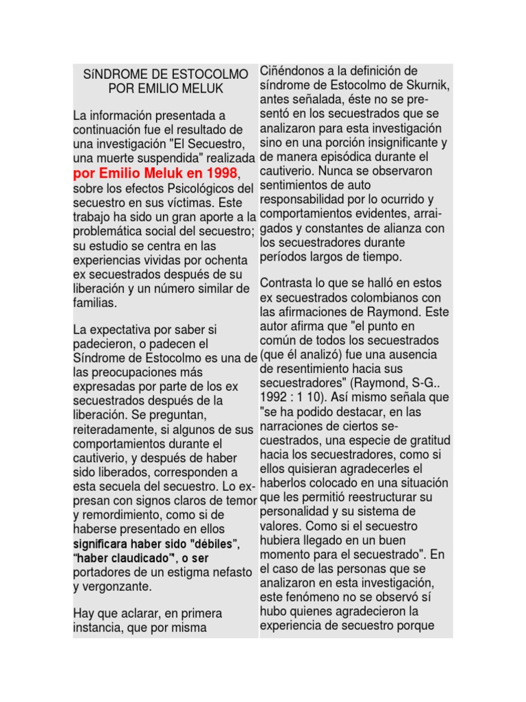 SíNDROME DE ESTOCOLMO POR EMILIO MELUK | PDF | Secuestro | Trastorno de ...