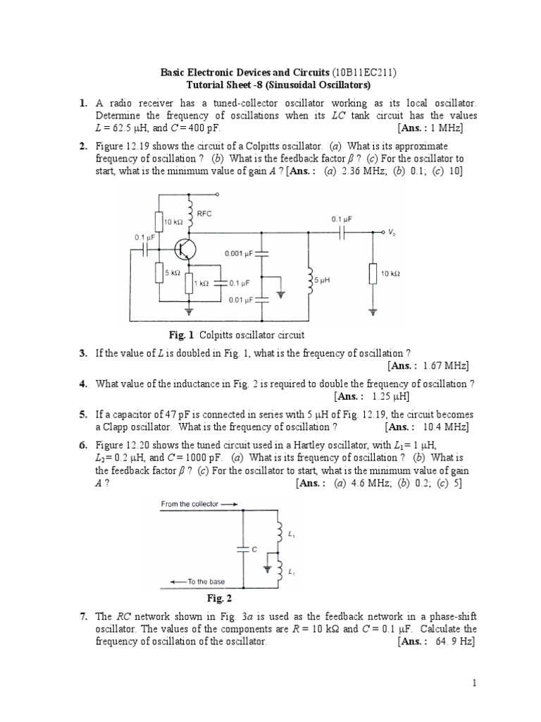 Tutorial Sheet - 8 (Sinusoidal Oscillators) | PDF | Electronic ...
