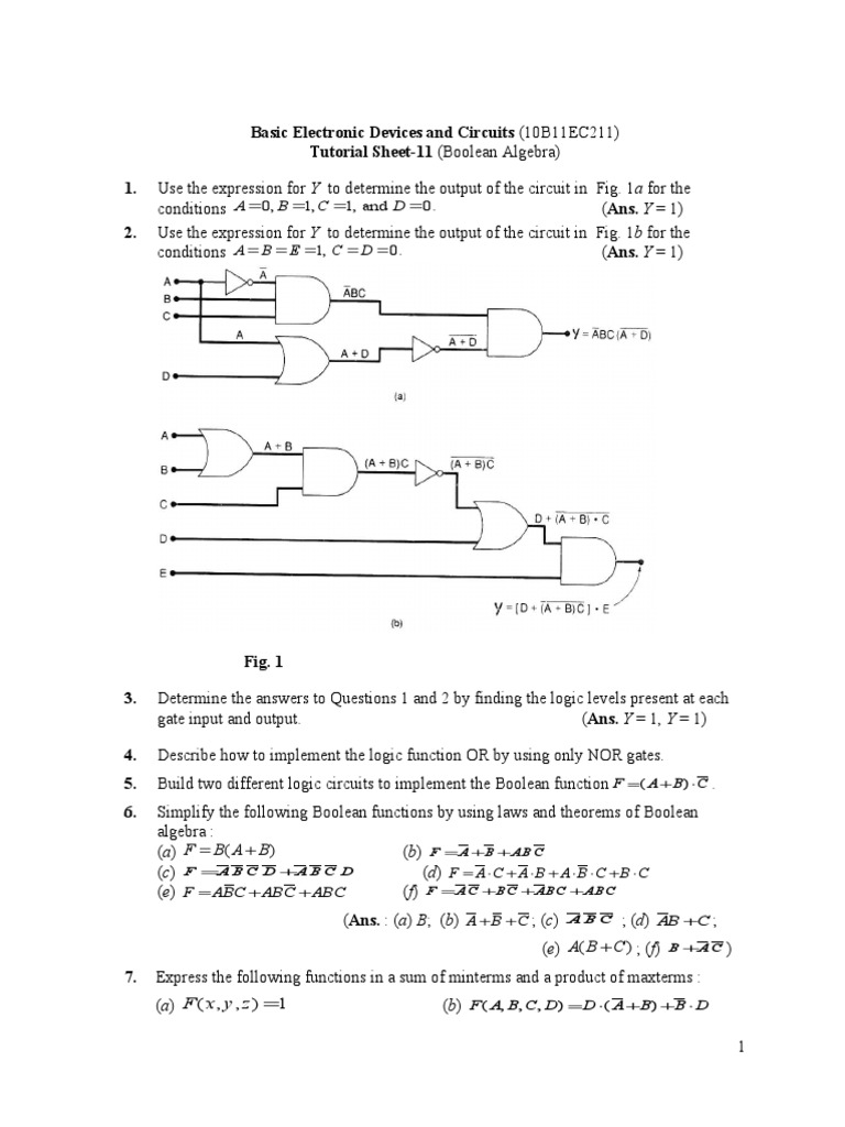 Tutorial Sheet - 11 (Boolean Algebra) | PDF