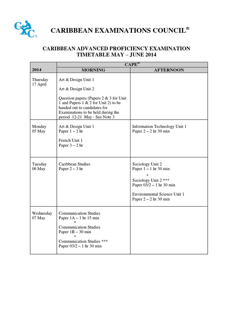 CAPE Exam Timetable May-June 2014 | PDF | Applied Mathematics | Physics