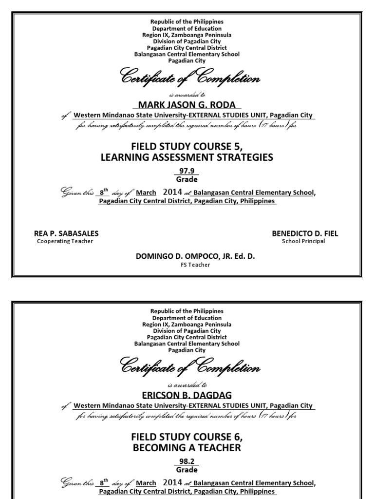 WMSU Certificate Completion Field Study Course | PDF