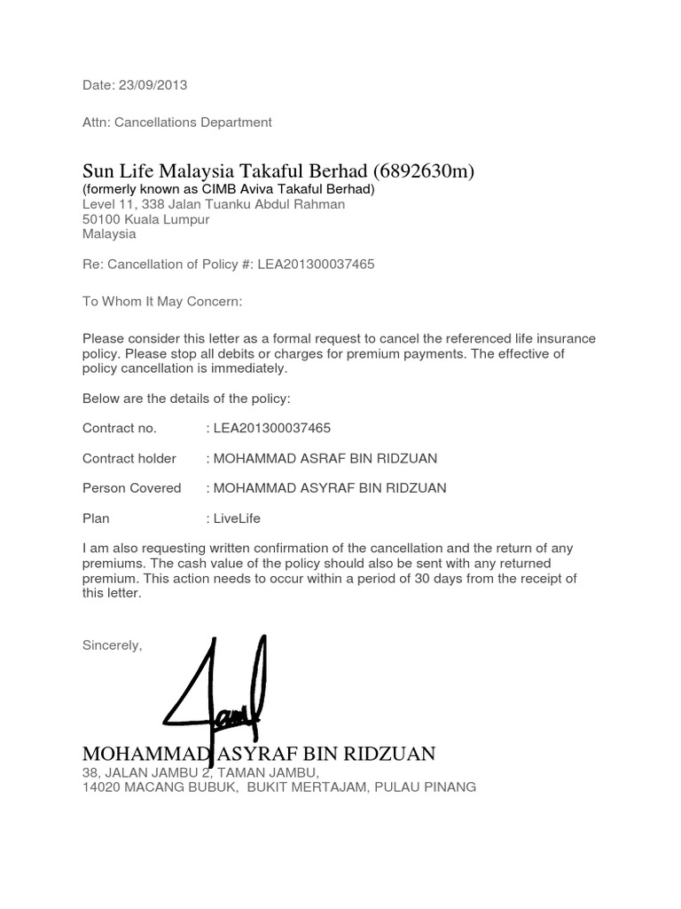 Life Insurance Policy Cancellation Request | PDF