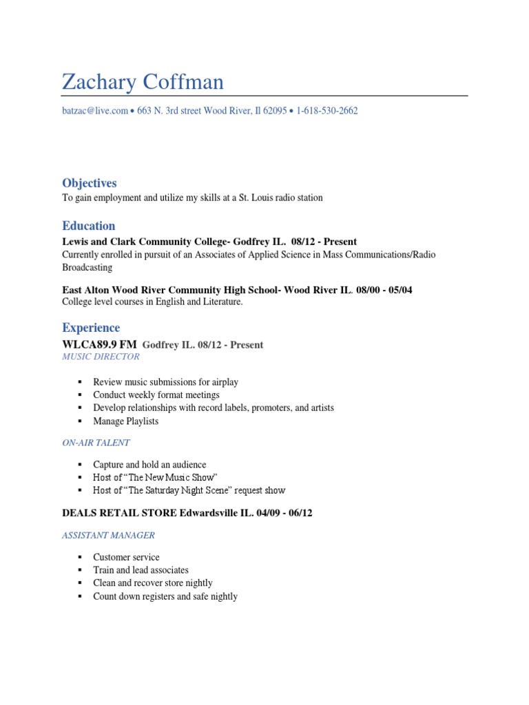 Zachary Coffman: Radio Broadcasting Resume | PDF | Travel | Art
