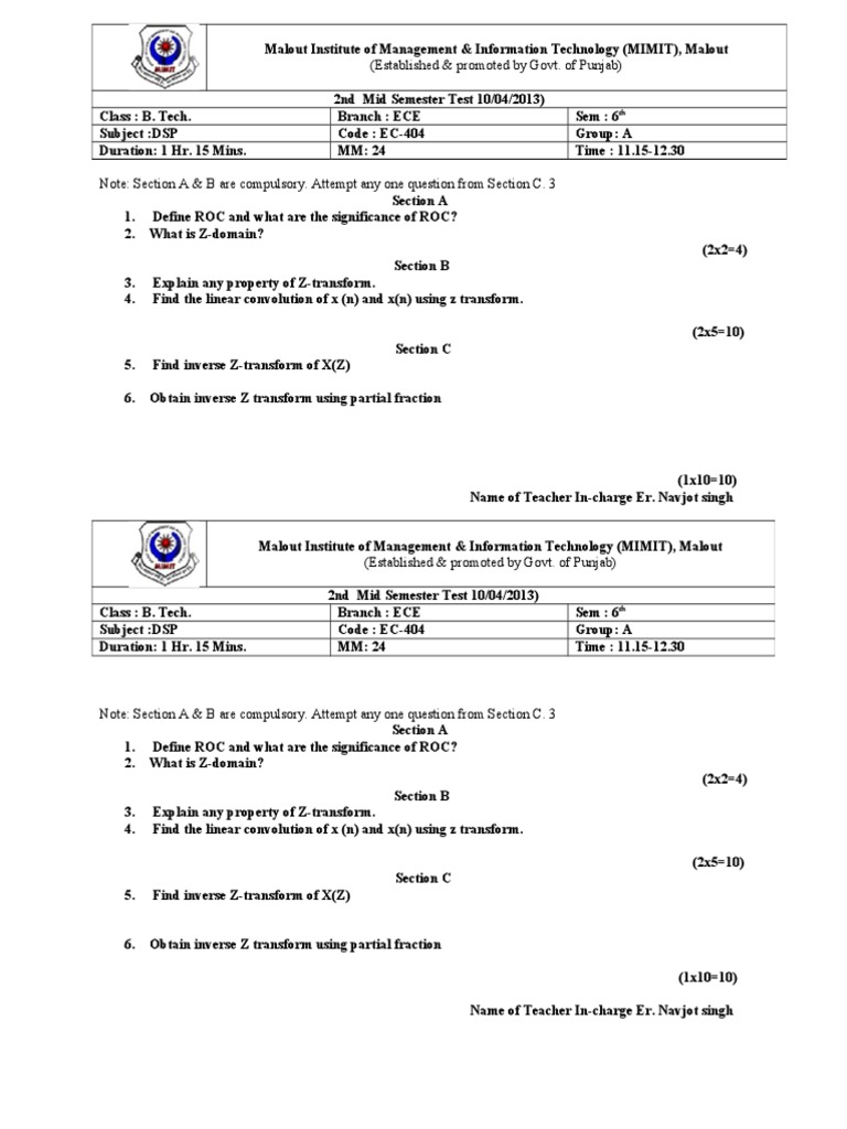 DSP Mid Semester Test Questions | PDF