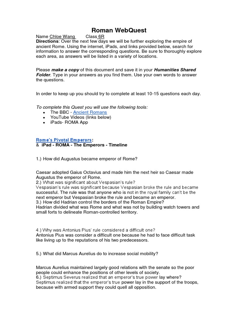 Chloe 6r Roman Webquest | PDF | Ancient Rome | Roman Empire