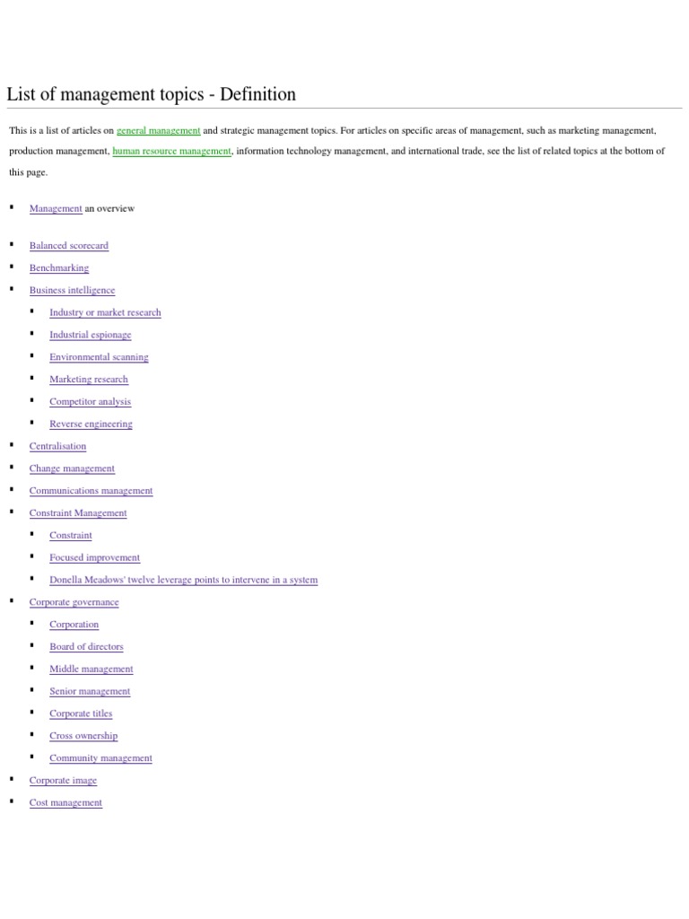 List of Management Topics - Definition: General Management Human ...