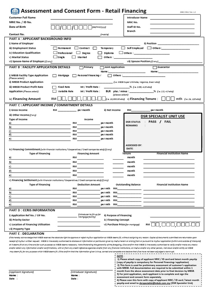 MBSB Assessment & Consent Form Retail Financing v1.2 | Business