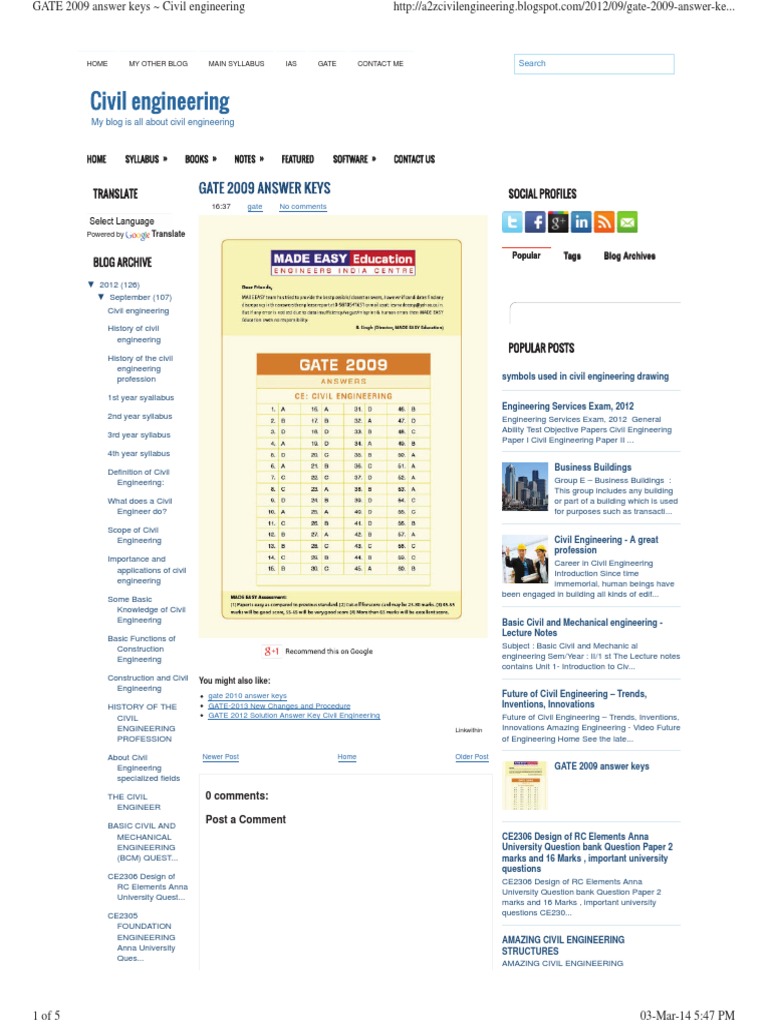 GATE 2009 Answer Keys Civil Engineering | PDF | Syllabus | Engineering