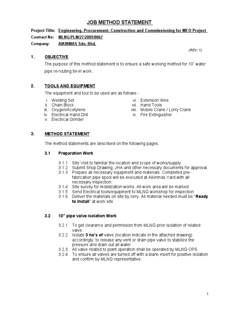Job Method Statement For Pipe Re-Routing Work | PDF | Pipe (Fluid ...