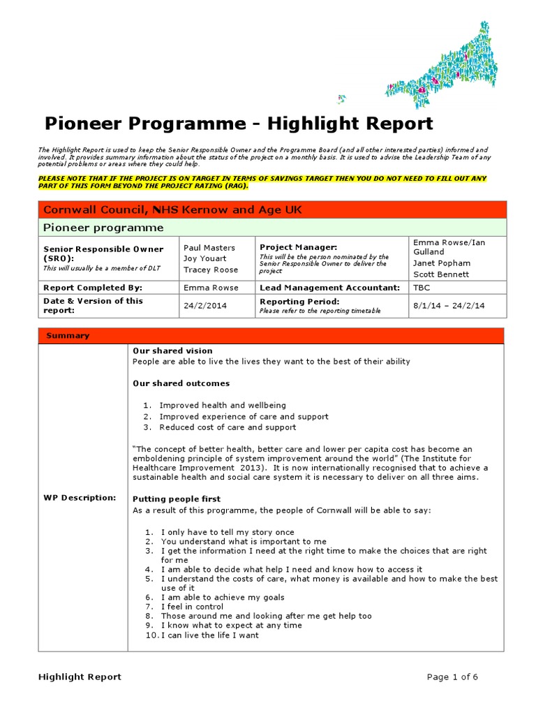 Pioneer Programme - Highlight Report: Cornwall Council, NHS Kernow and ...