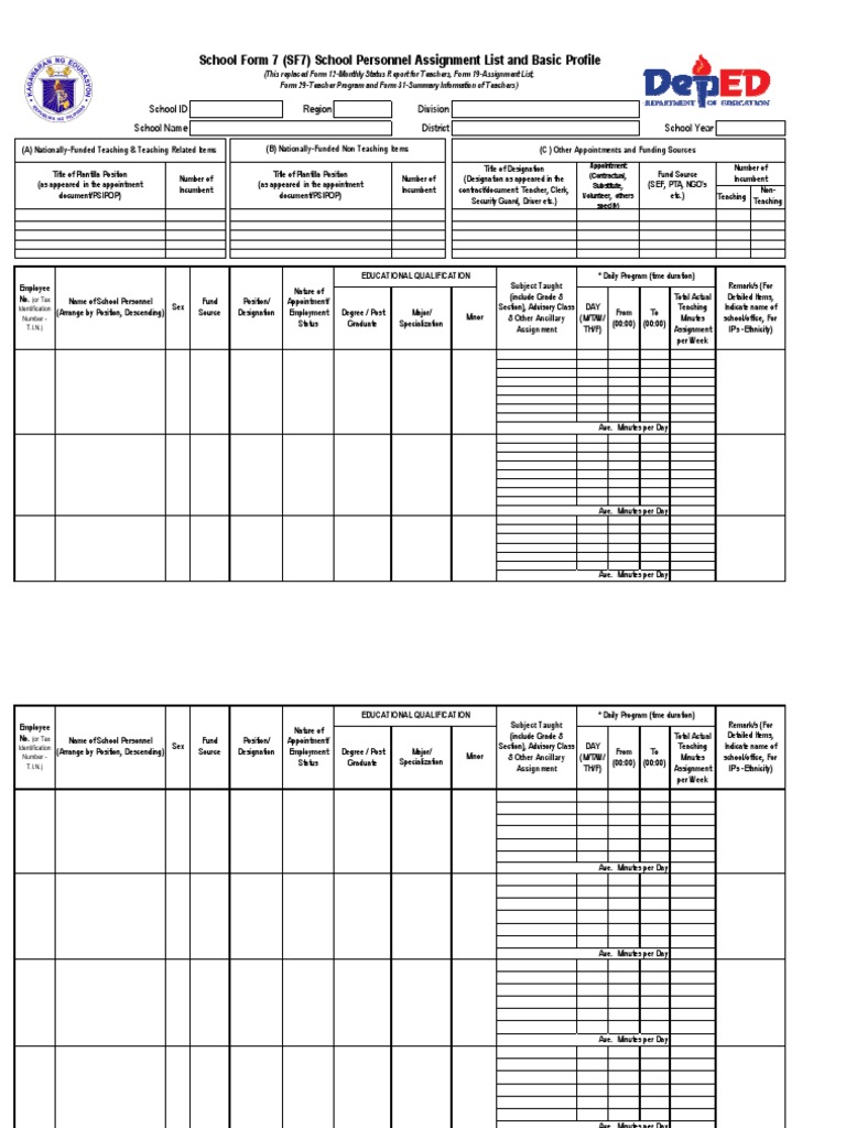 SF7 School Personnel Assignment List and Basic Profile | PDF ...