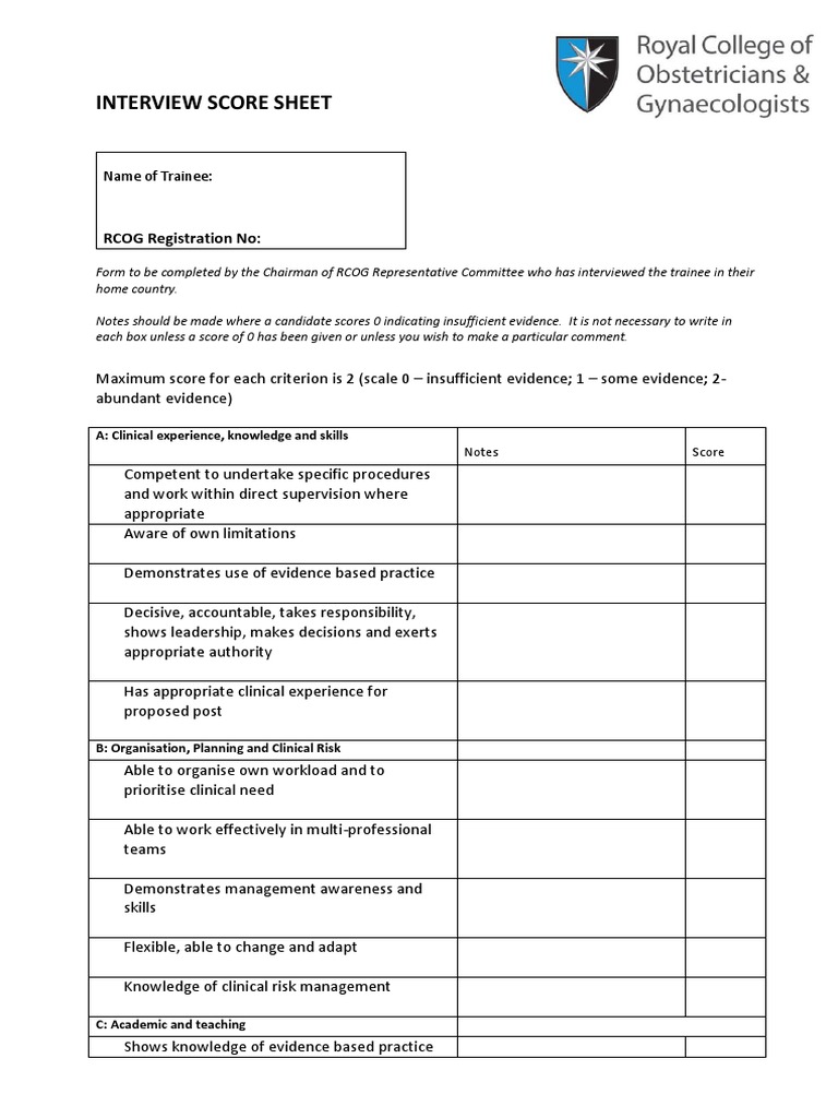 RCOG Interview Score Sheet Template | PDF | Evidence Based Medicine ...