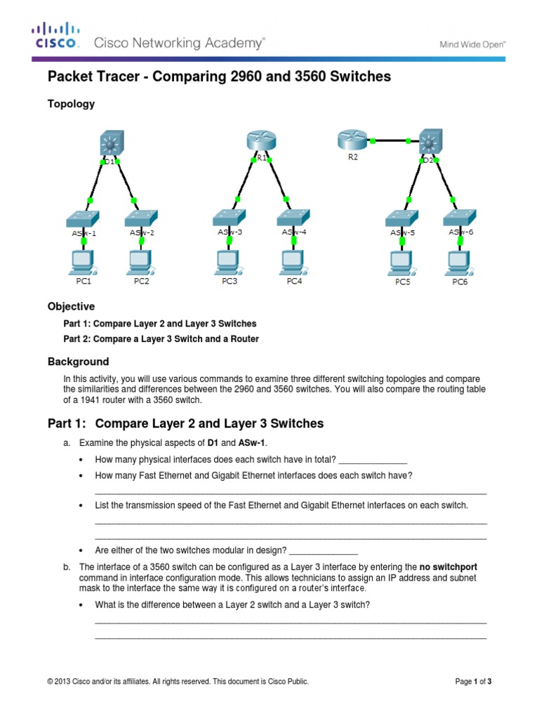 1.2.1.7 Packet Tracer - Comparing 2960 and 3560 Switches Instructions | PDF | Network Switch ...