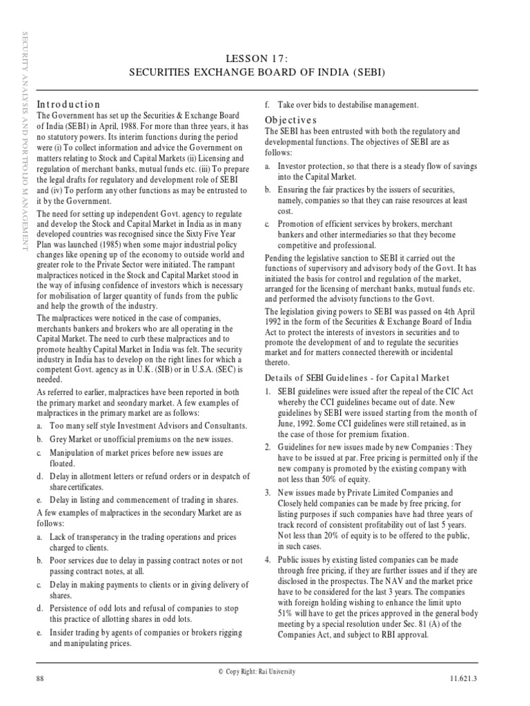 Lesson 17: Securities Exchange Board of India (Sebi) : Objectives | PDF