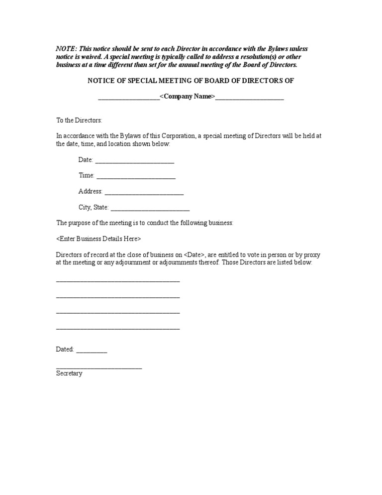 4-1 Notice of Special Meeting - Board of Directors | PDF | Board Of ...
