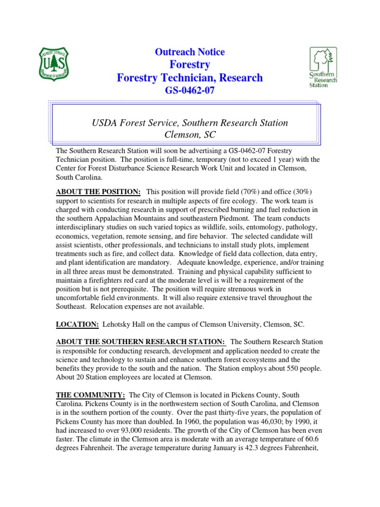 Forestry Forestry Technician, Research: USDA Forest Service, Southern ...