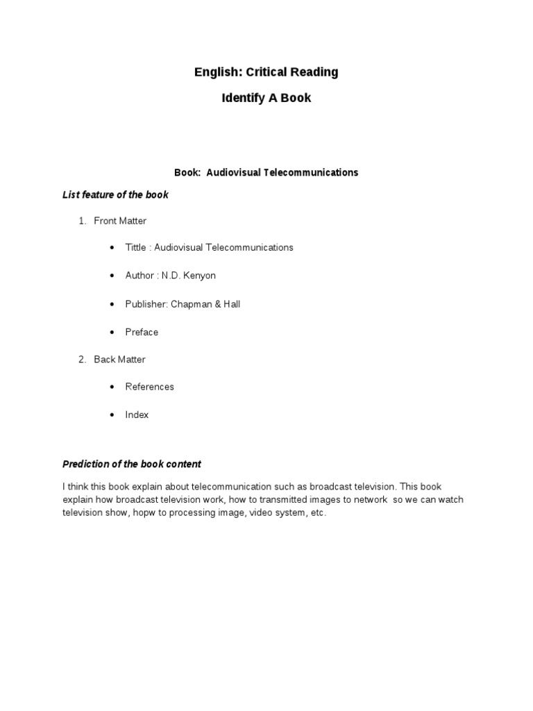 English: Critical Reading Identify A Book: List Feature of The Book | PDF