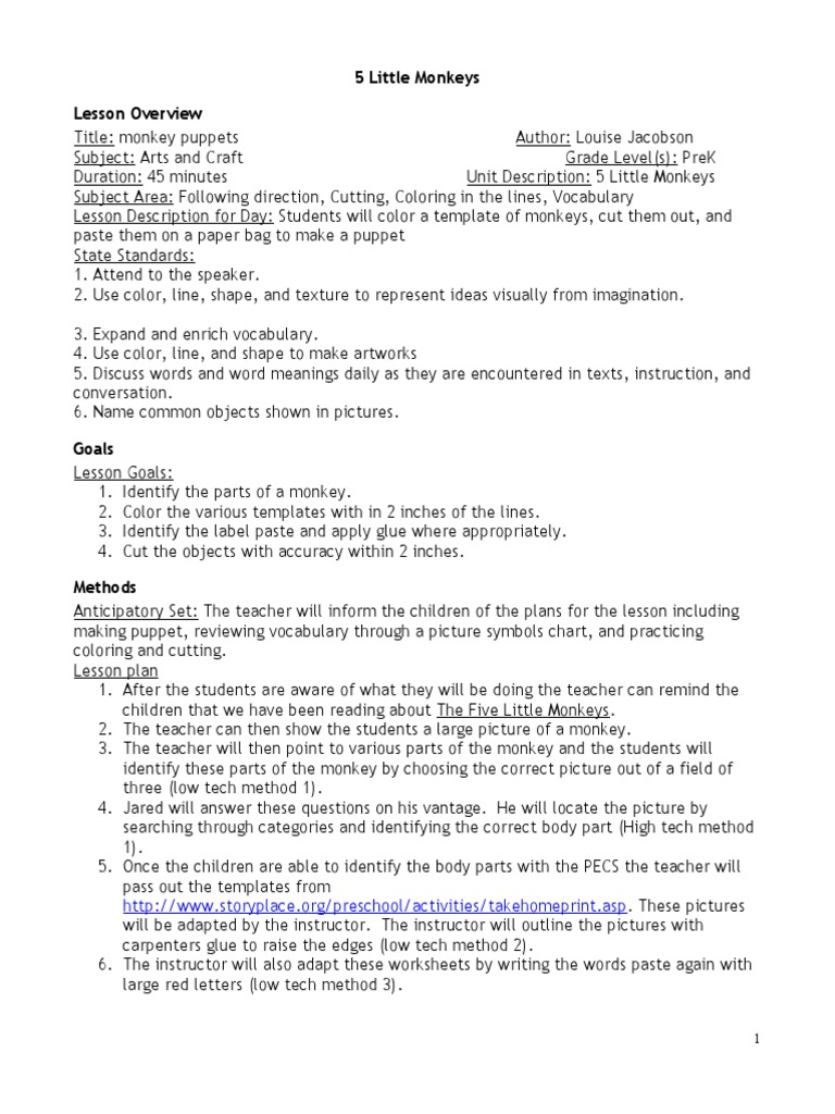 5 Little Monkeys Lesson Plans | Semiotics | Communication