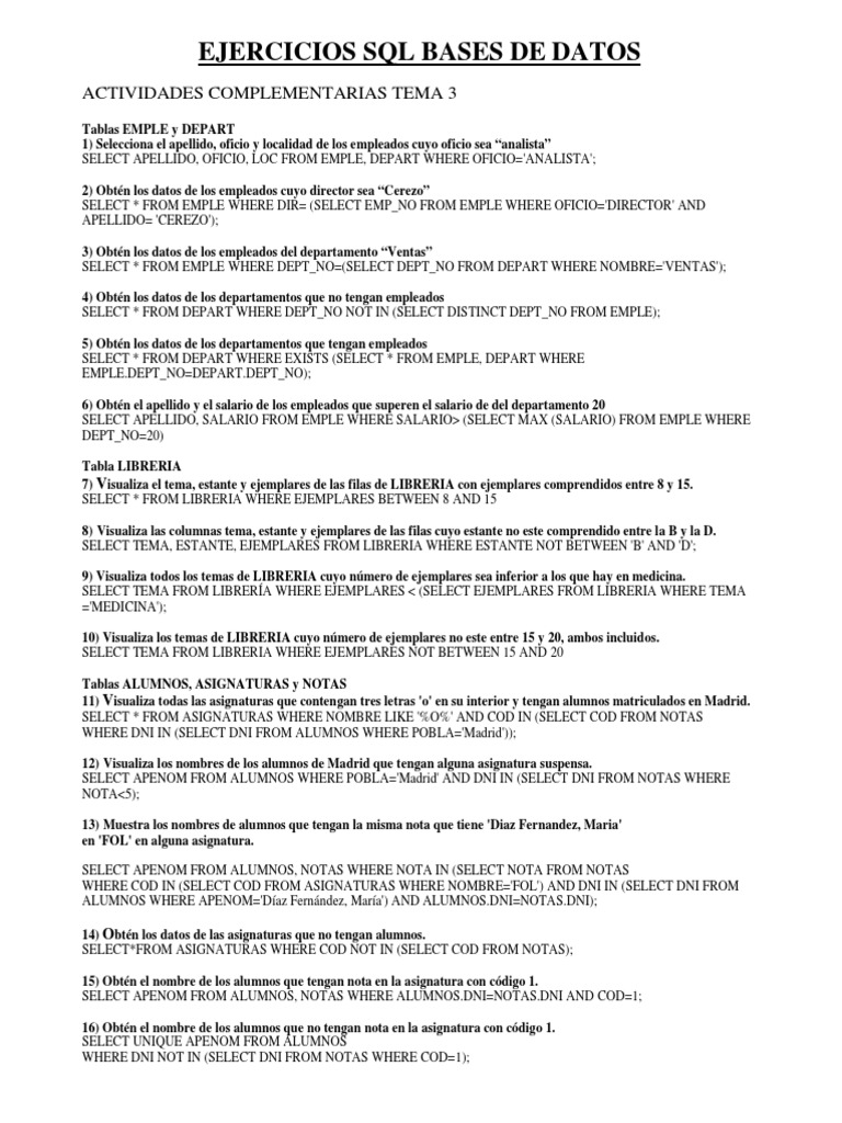 Ejercicios SQL Bases de Datos | PDF | SQL | Modelo de datos