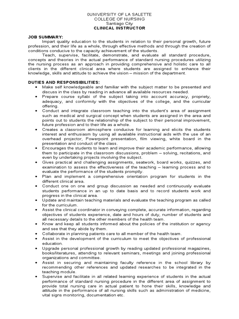 Job Description - Clinical Instructor | PDF | Leisure | Business
