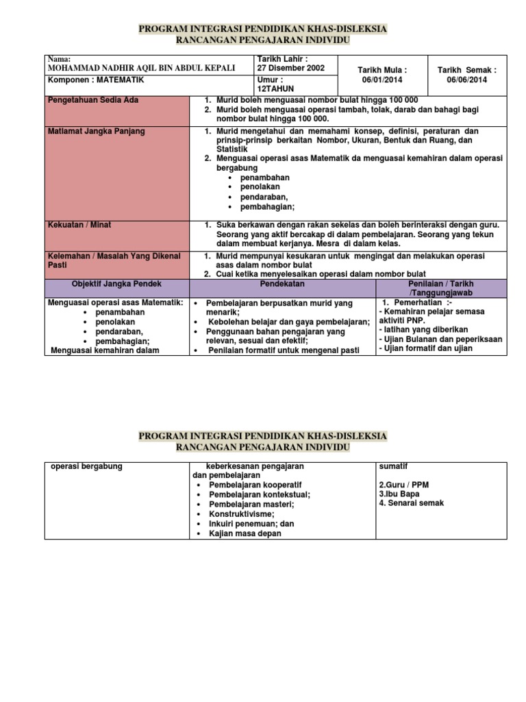 Rancangan Pengajaran Individu | PDF