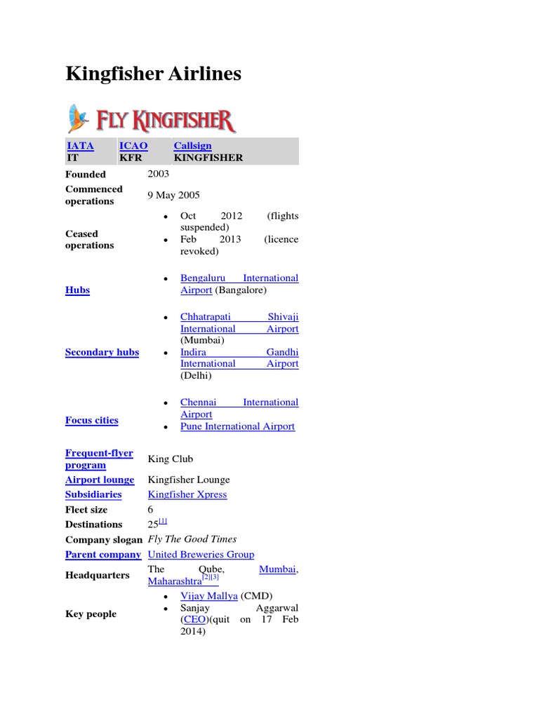 Kingfisher Airlines: Iata Icao Callsign | PDF | Aviation | Transport