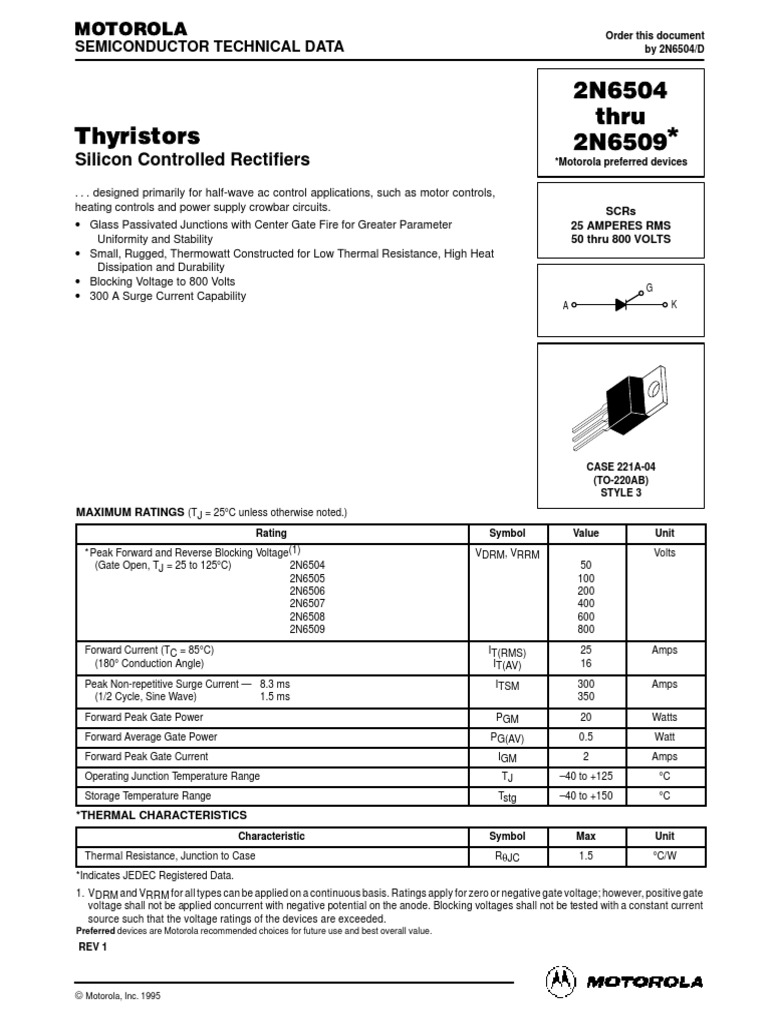 Thyristors 2N6504 Thru 2N6509 : Silicon Controlled Rectifiers | PDF | Electronic Engineering ...