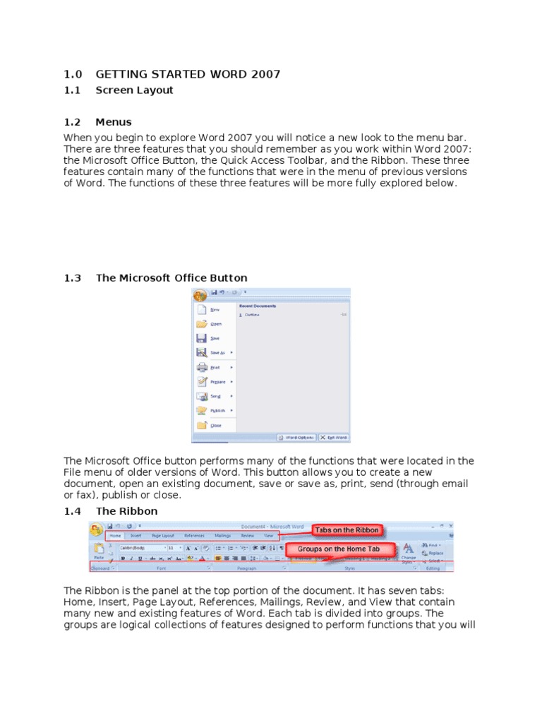 1.0 Getting Started Word 2007: 1.1 Screen Layout 1.2 Menus | PDF ...
