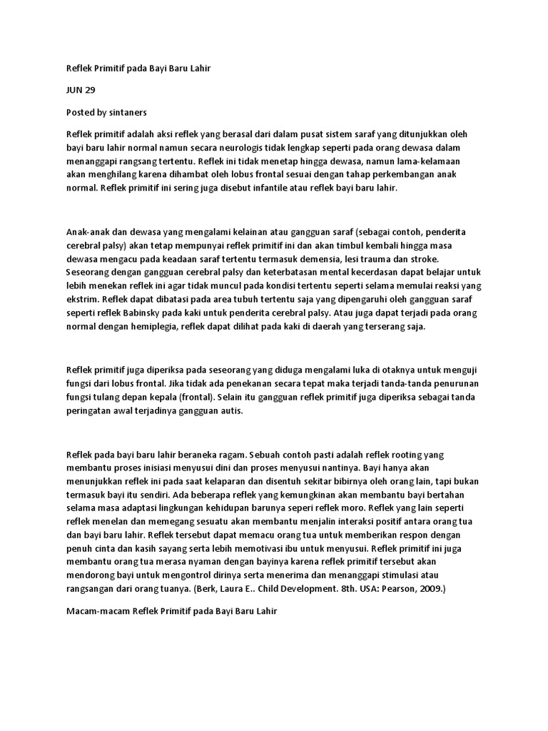 Reflek Primitif Pada Bayi Baru Lahir | PDF