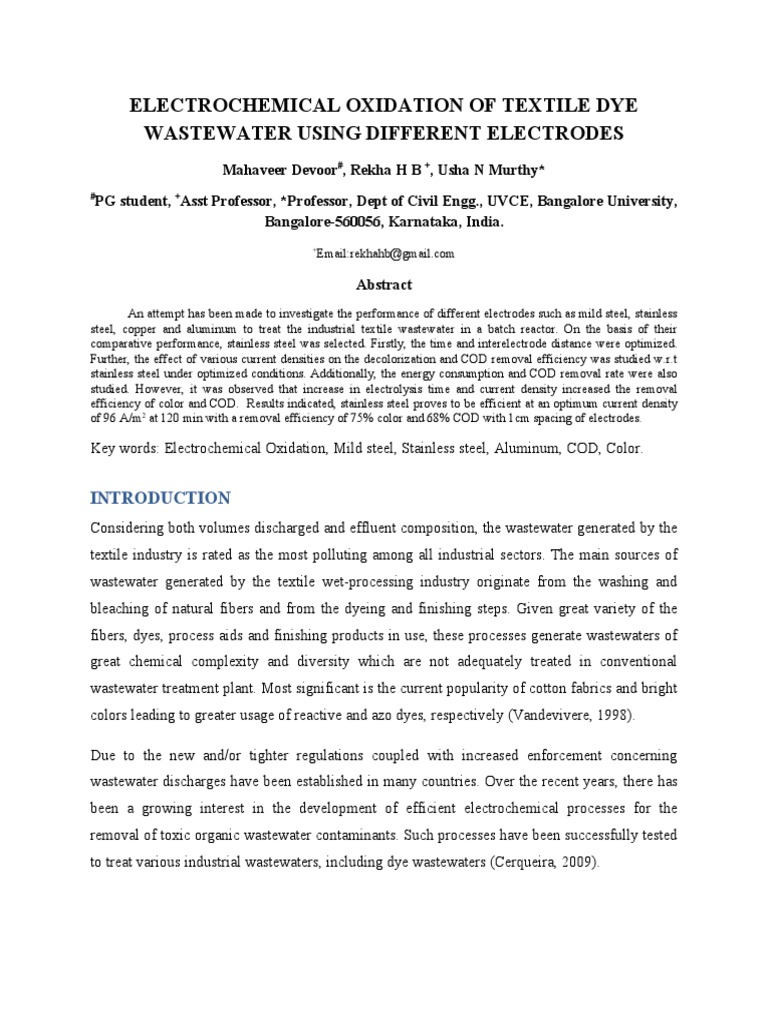Electrochemical Oxidation of Textile Dye Wastewater Using Different ...
