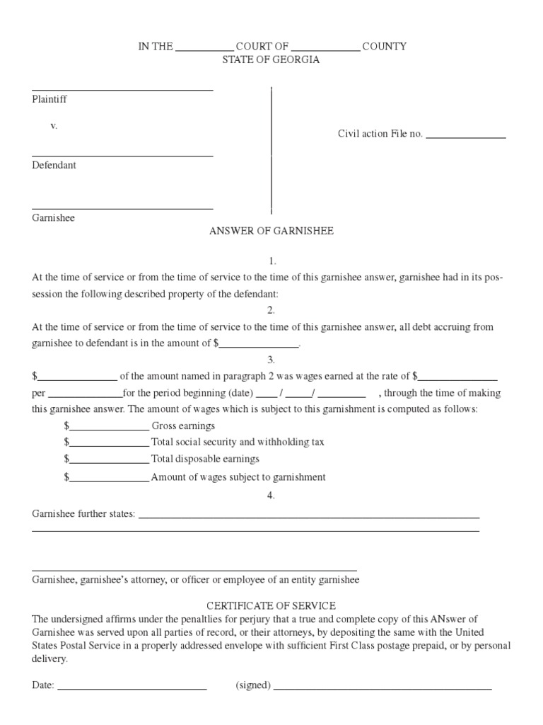 Georgia Answer of Garnishee O.C.G.A. § 18-4-66(4)